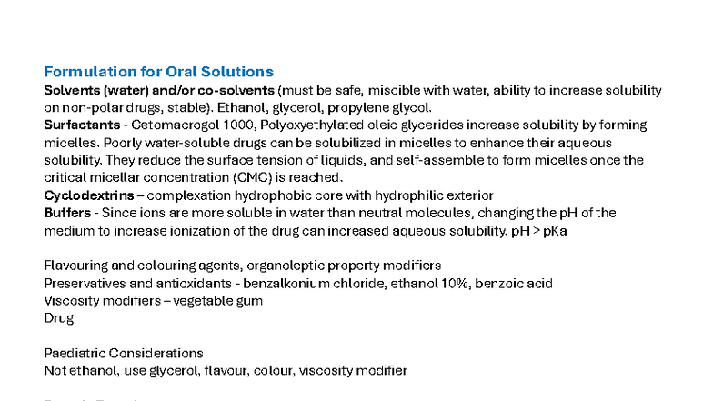 PHAR120 Key Notes: Formulation of Oral Solutions and Drug Delivery ...