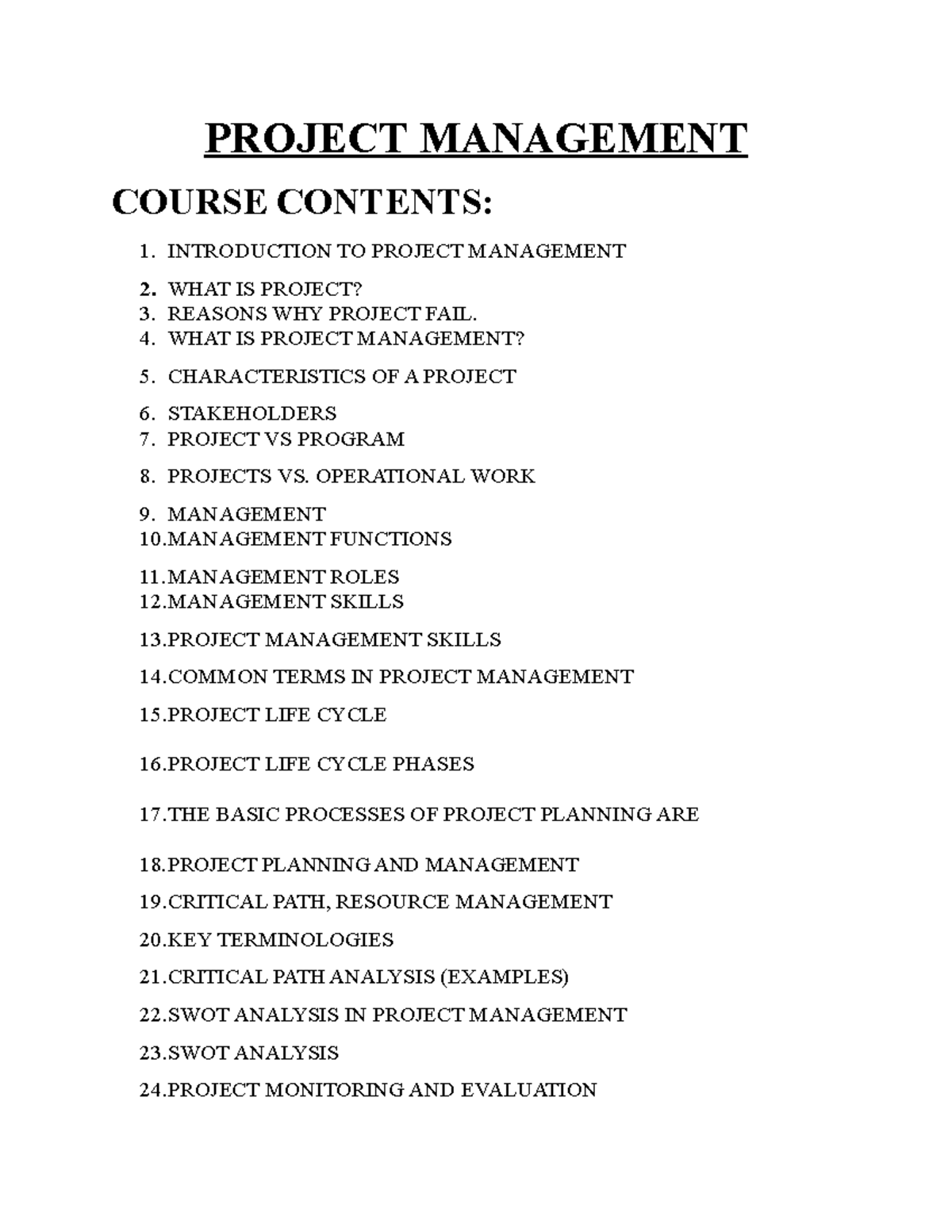 Project Management Notes - PROJECT MANAGEMENT COURSE CONTENTS: 1 ...