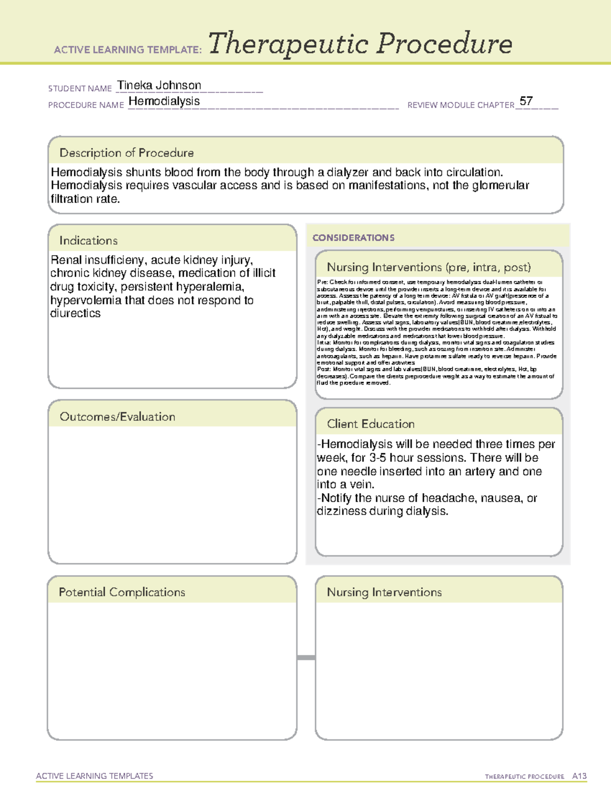 Therapeutic Procedure Dialysis: Active Learning Template Guide - Studocu