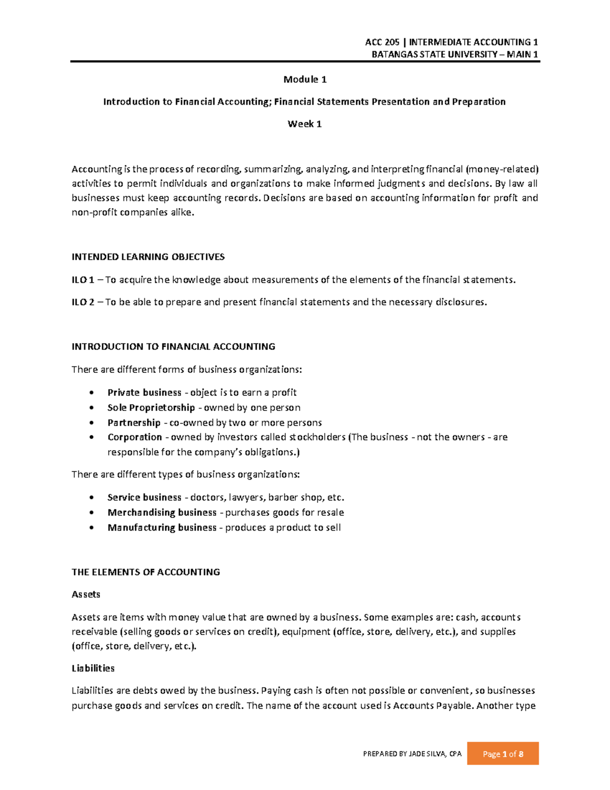 Module 1 - Intro to Financial Accounting: Statements & Preparation ...