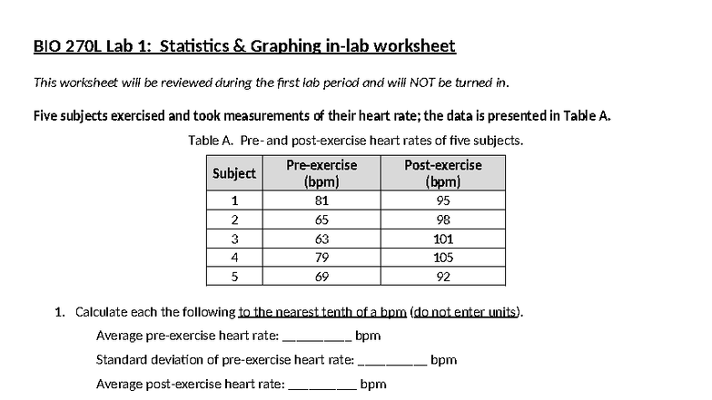 BIO 270L Lab 1: Statistics & Graphing In-Lab Worksheet - Studocu