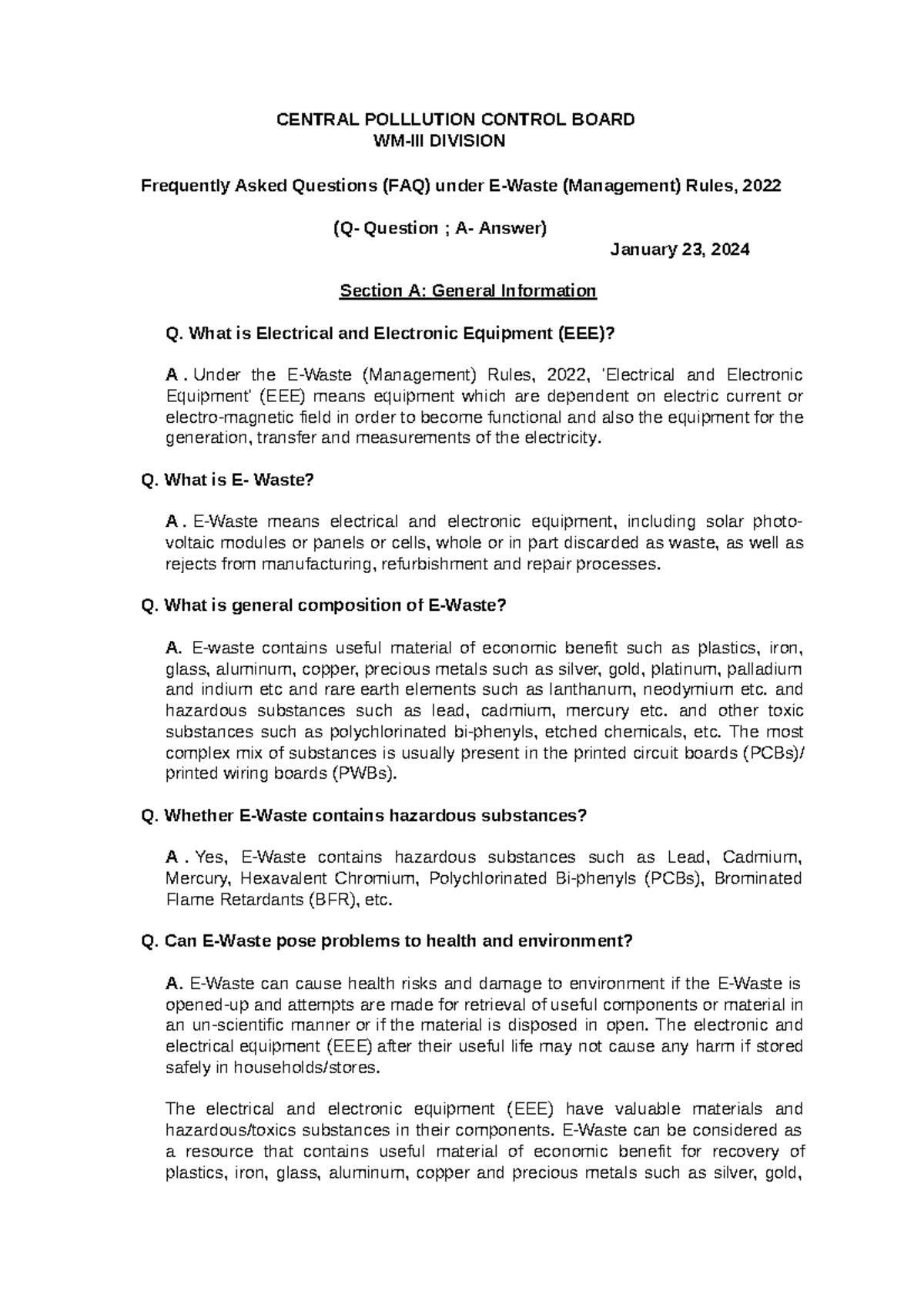 FAQ on E-Waste Management Rules, 2022 (M) - January 2024 - Studocu