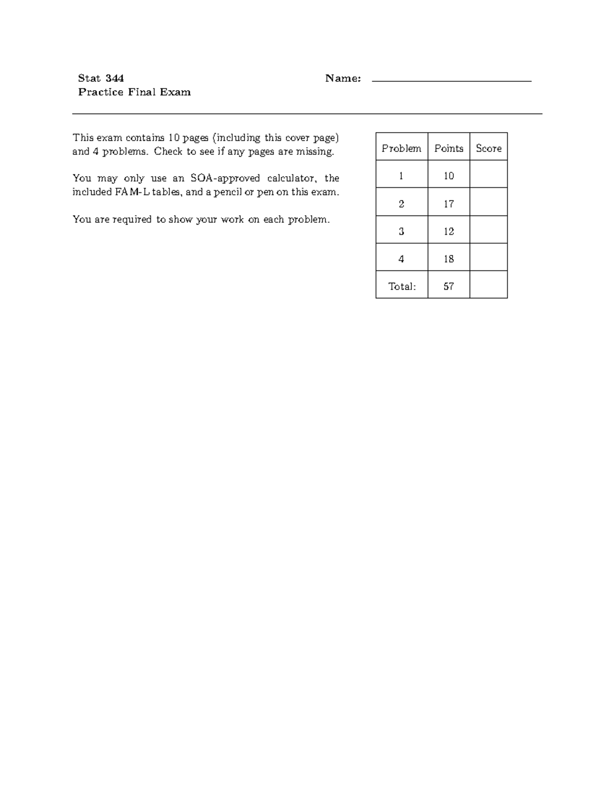 Stat 344 Practice Final Exam: Key Problems and Solutions - Studocu