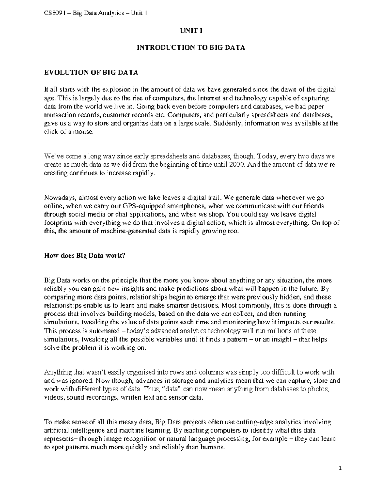 CS8091 Big Data Analytics Unit 1: Introduction to Big Data Evolution ...