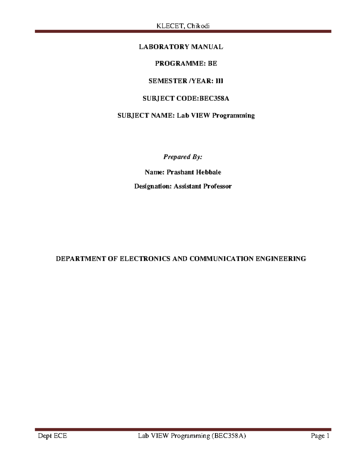 BEC358A Lab VIEW Programming Laboratory Manual - Studocu