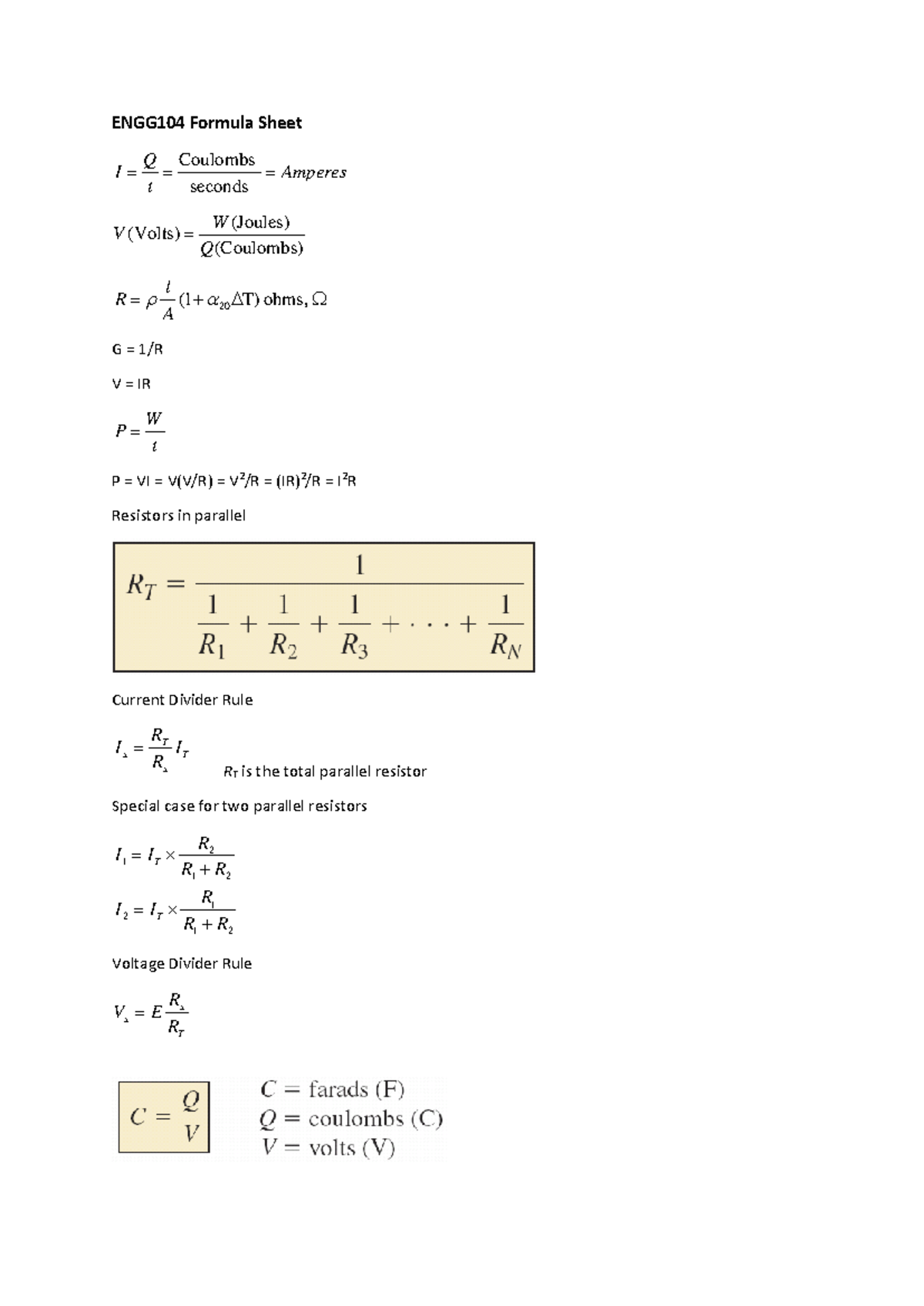 ENGG104 2024 Formula Sheet: Electrical Concepts & Rules - Studocu
