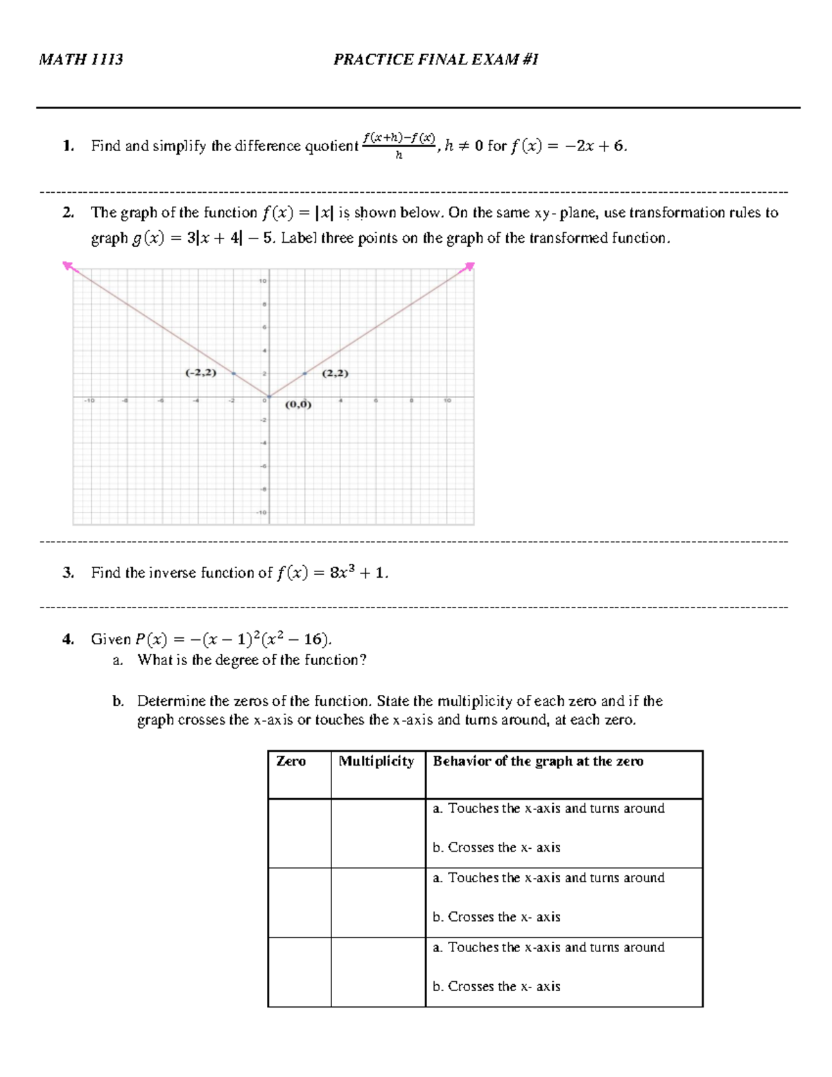 Math 1113 Practice Final Exam - Solutions and Techniques Guide - Studocu