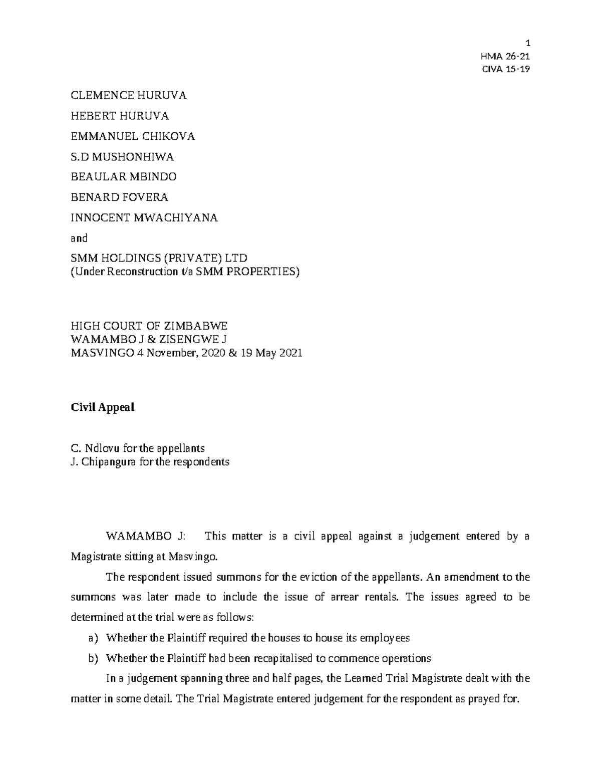 Huruva & Others v SMM Holdings (Pvt) Ltd: Civil Appeal Analysis (HMA ...