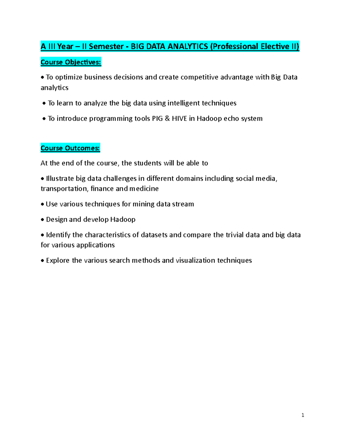 Big Data Analytics: Concepts, Applications & Challenges (Elective II ...