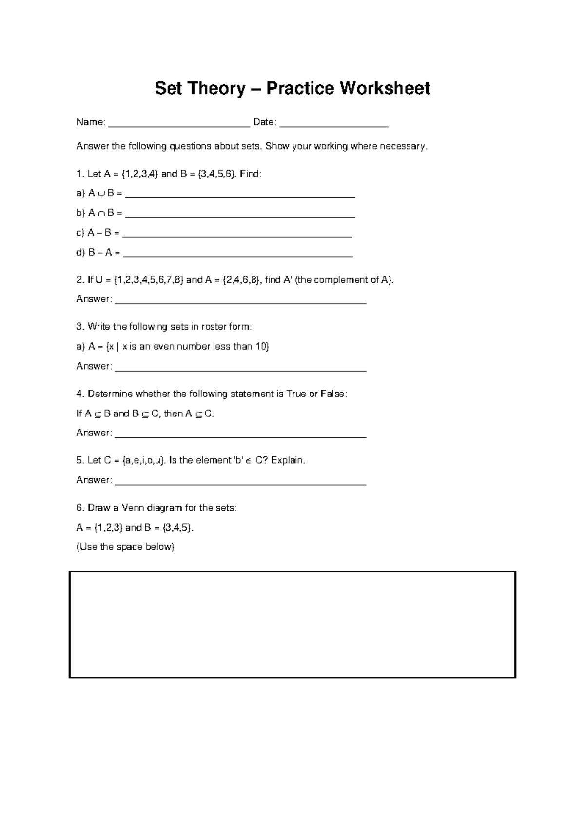 Set Theory Worksheet - Lecture Notes (Set Theory Practice) - Studocu