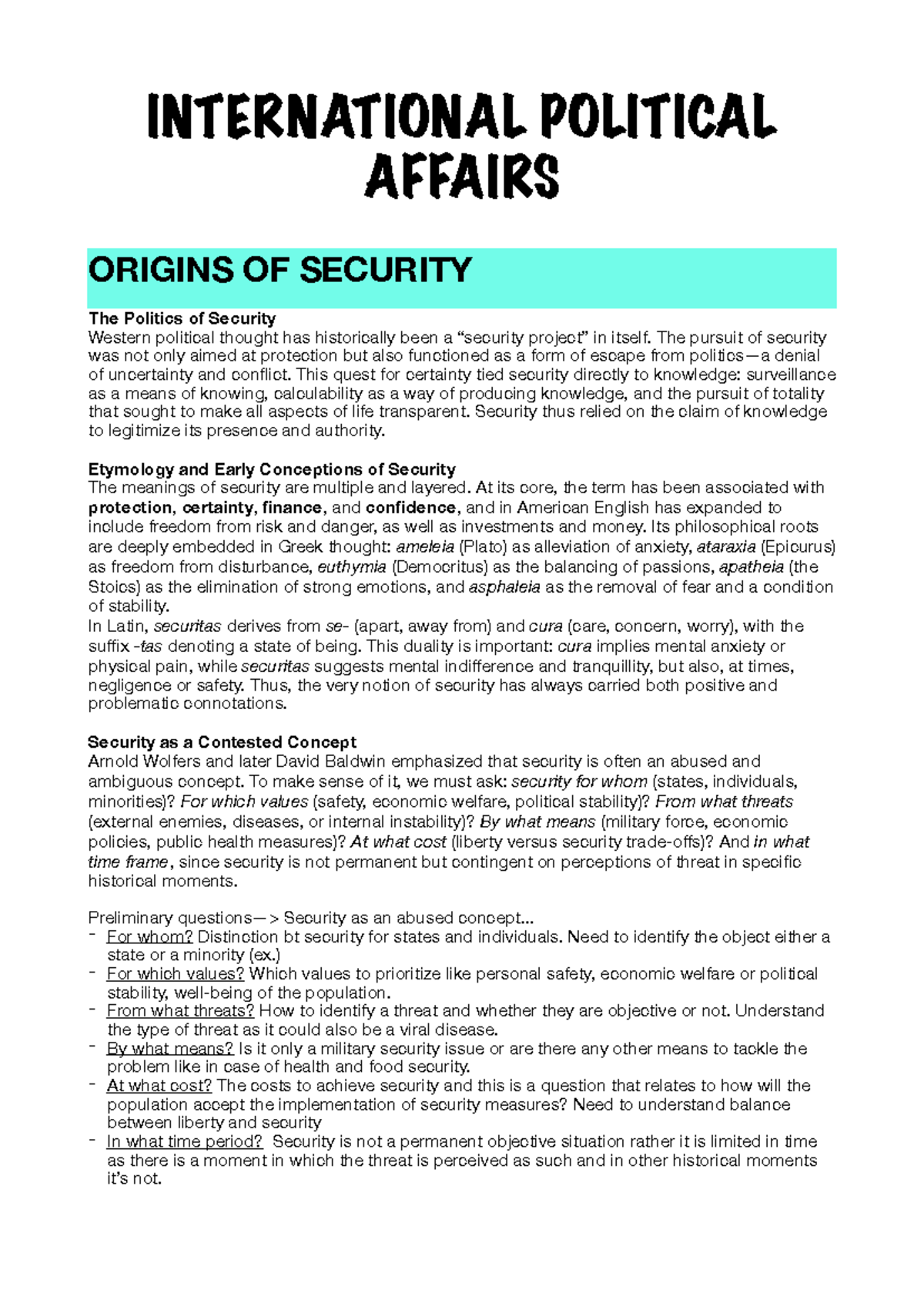 INTERNATIONAL POLITICAL AFFAIRS: ORIGINS OF SECURITY AND REALISM - Studocu