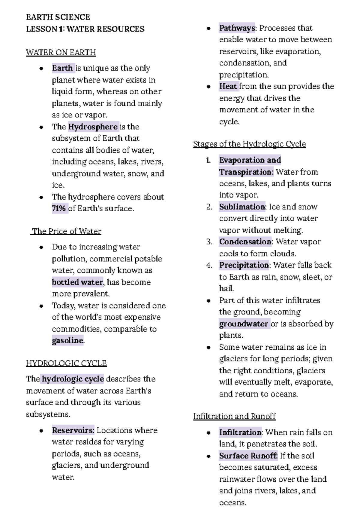 Earth Science Lesson 1: Water Resources and the Hydrologic Cycle - Studocu