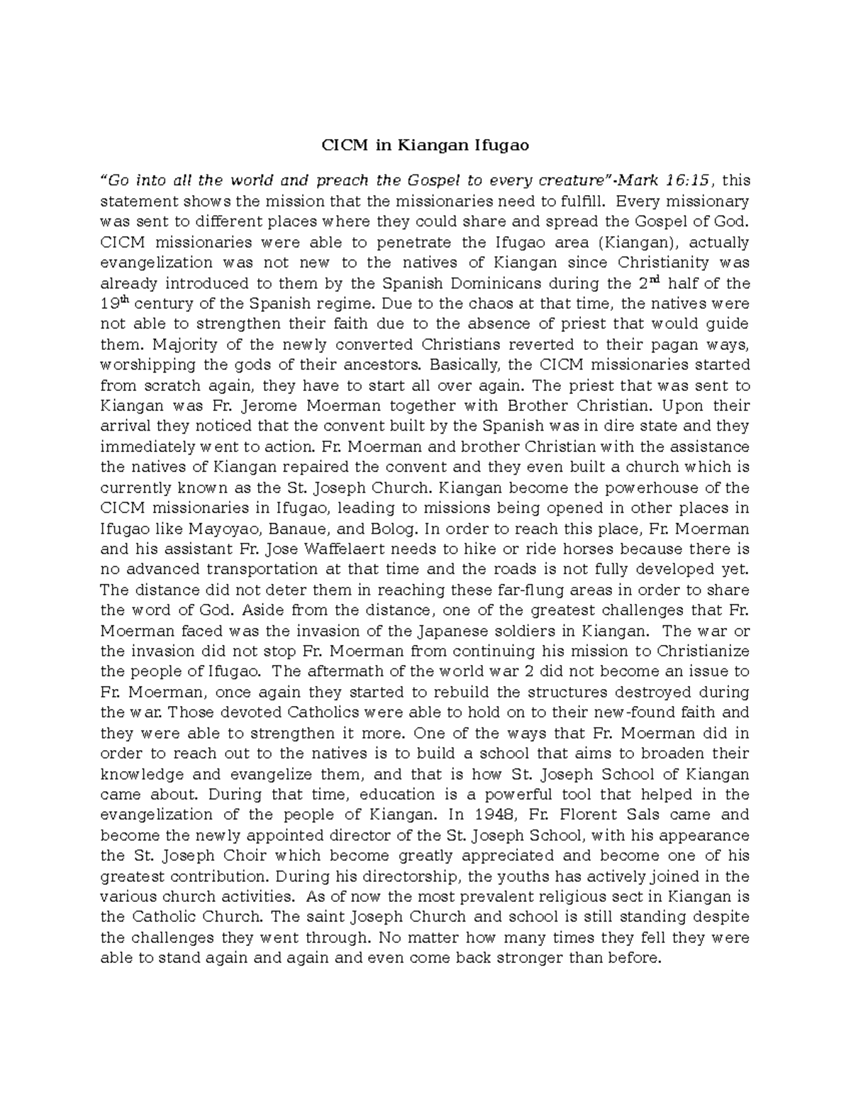 CICM Missionaries in Ifugao: History of Evangelization in Kiangan - Studocu