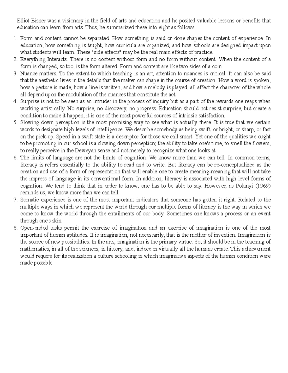 Elliot Eisner's 8 Lessons on Arts in Education - Studocu