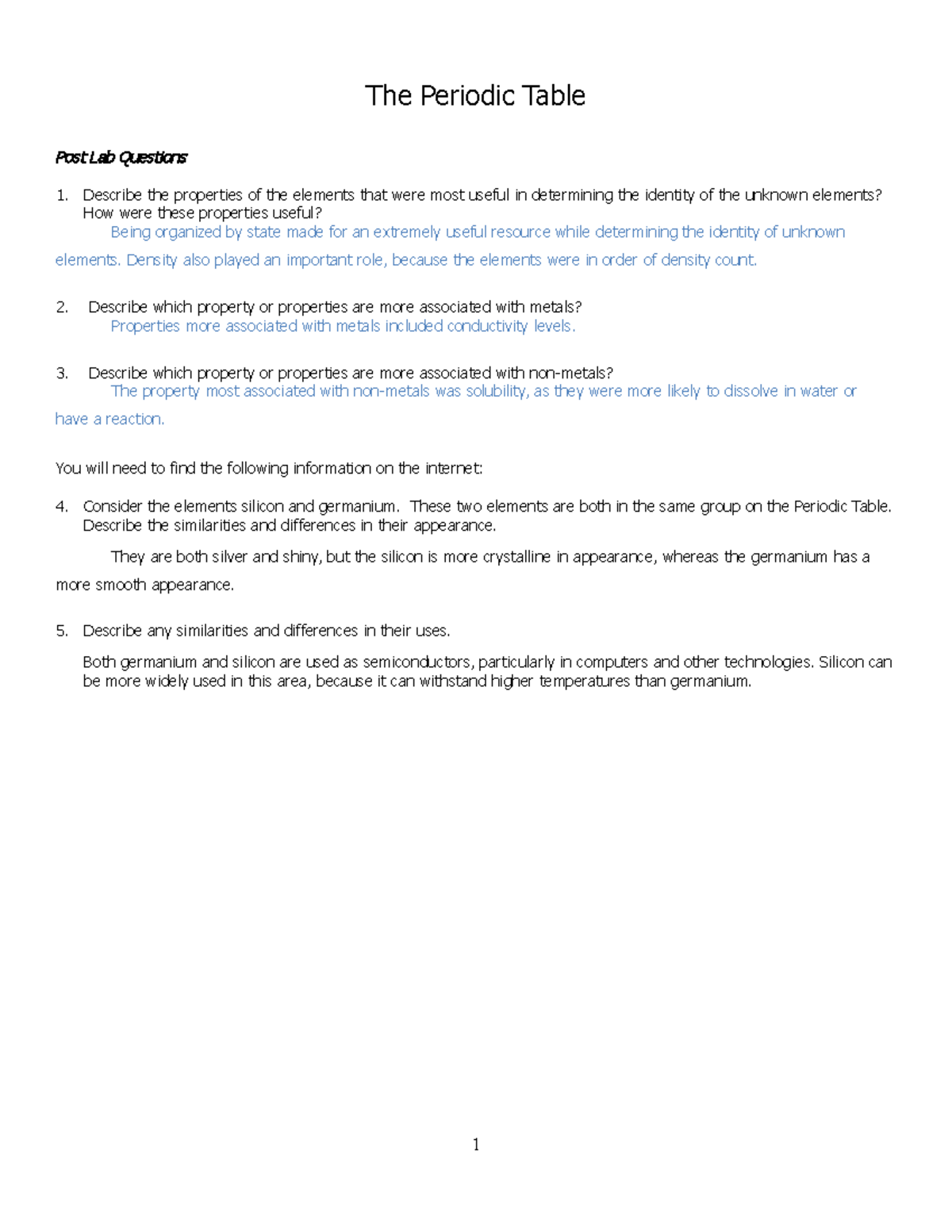 Post Lab - Identification of Unknown Elements and Their Properties ...