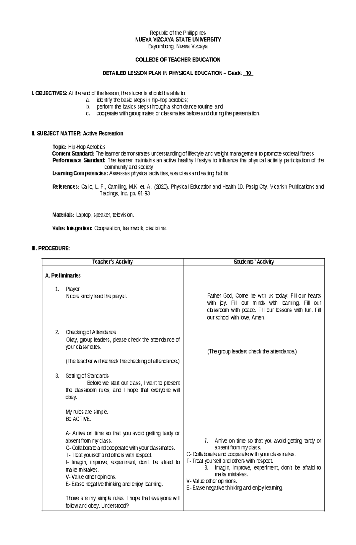 Detailed Lesson Plan in PE 10: Hip-Hop Aerobics - Studocu