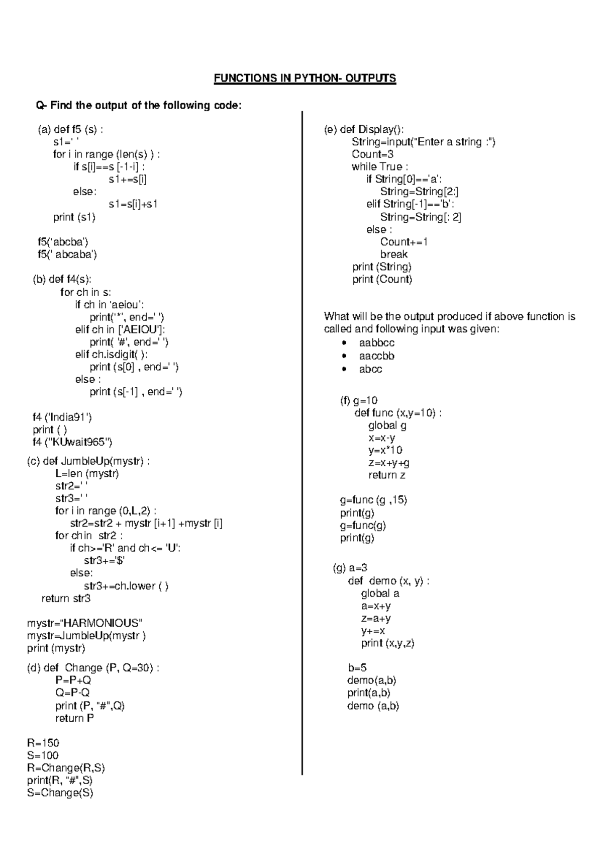 Function Outputs Based Questions CS XII - Studocu