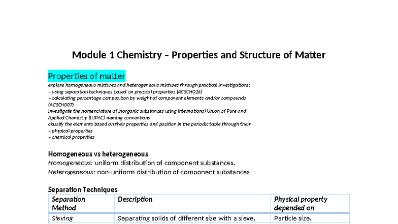 Chem Module 1 Year 11 Notes - Module 1 Chemistry – Properties and ...