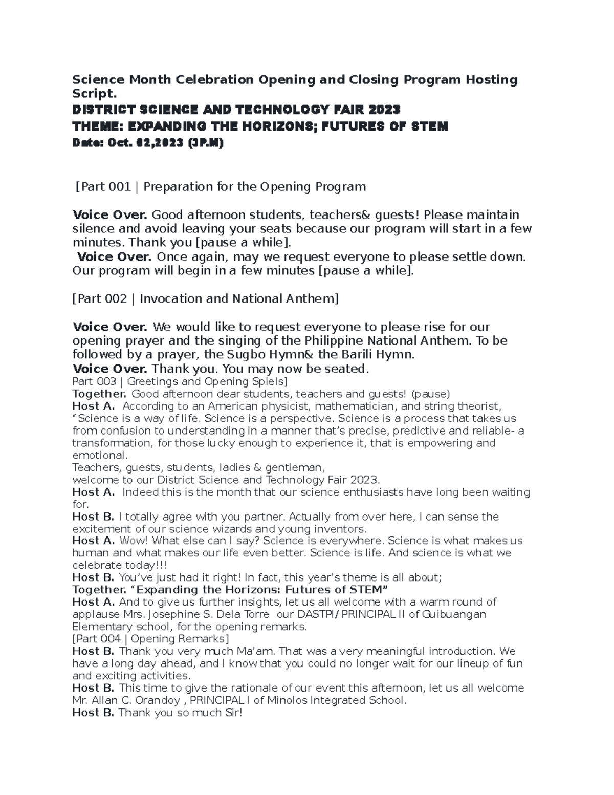 Emcee Script for District Sci & Tech Fair 2023 (SCI-MATH 085331) - Studocu