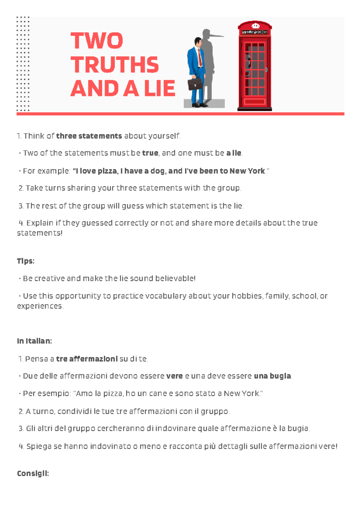 Italian Lesson: Two Truths and a Lie Activity Guide - Studocu
