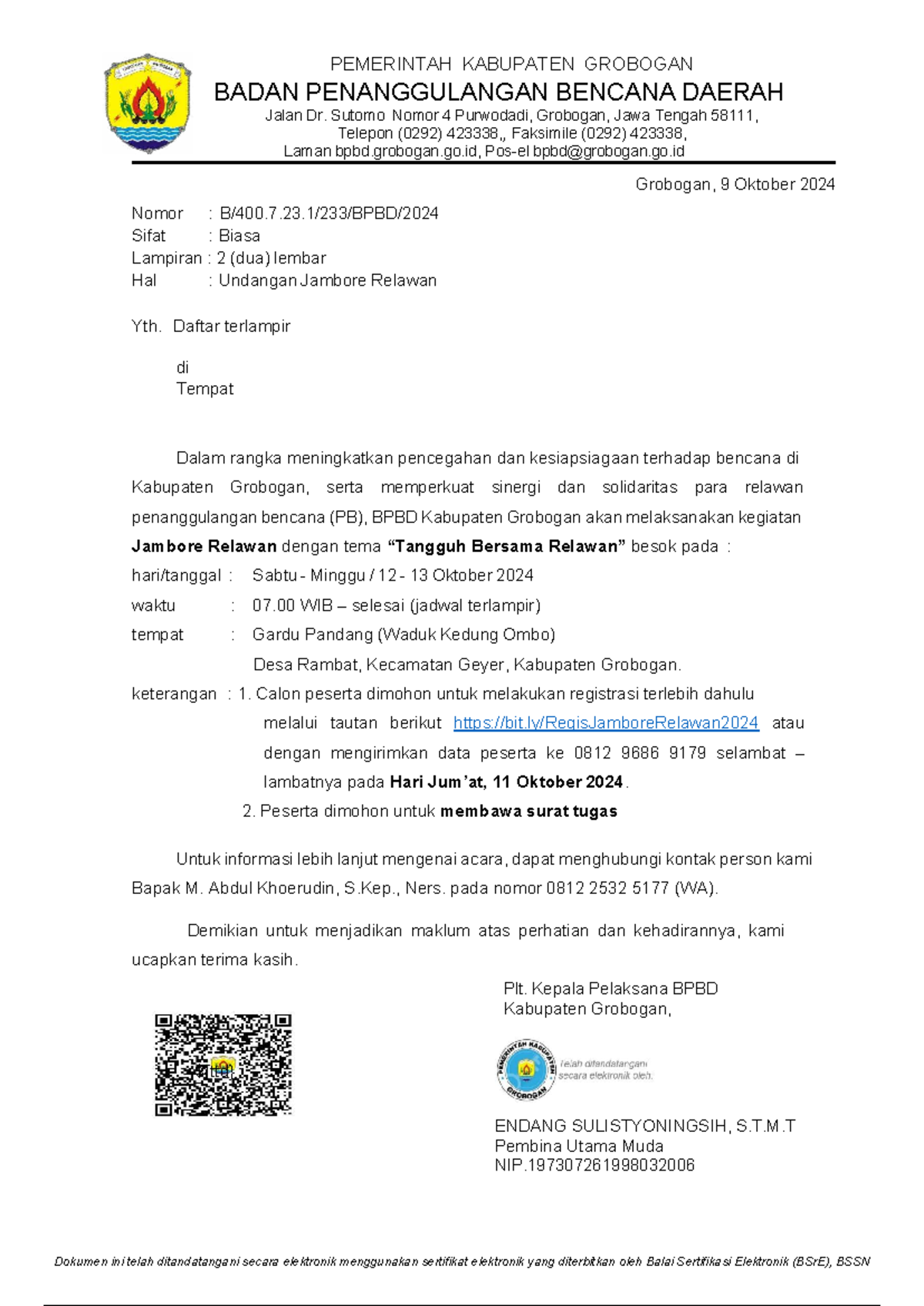 Surat Undangan Jambore Relawan BPBD Grobogan 2024 - Studocu