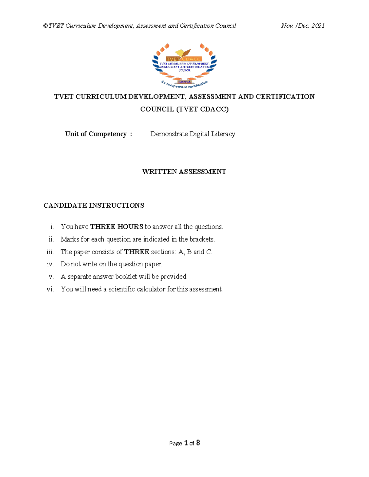 Digital Literacy Level 5 Written Assessment: Candidate Instructions and ...