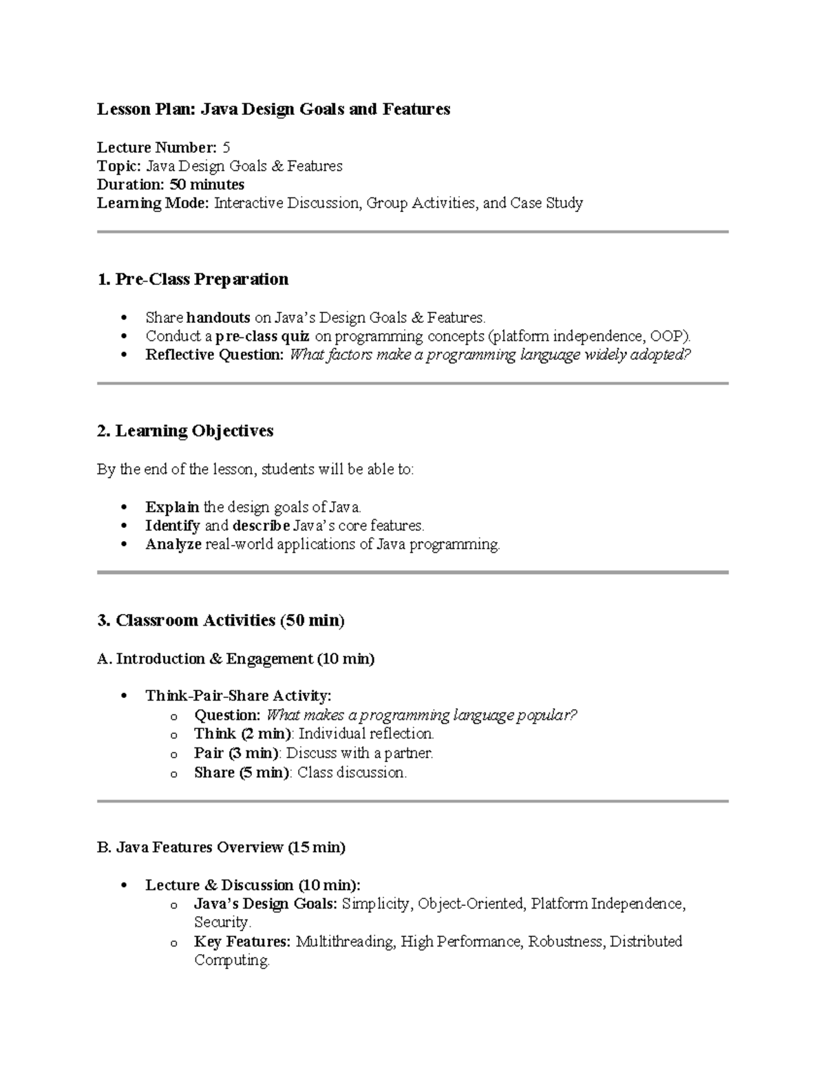 Lesson Plan 5 - Lesson Plan: Java Design Goals and Features Lecture Number: 5 Topic: Java Design ...