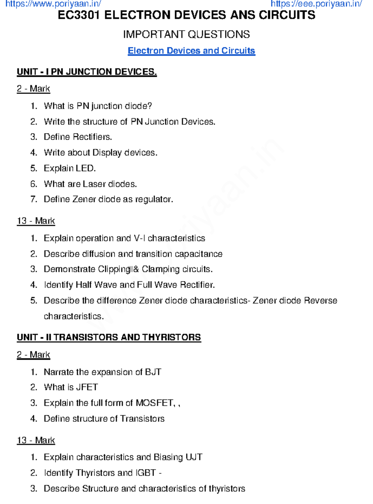 EC3301 Electron Devices and Circuits: Key Questions and Concepts - Studocu