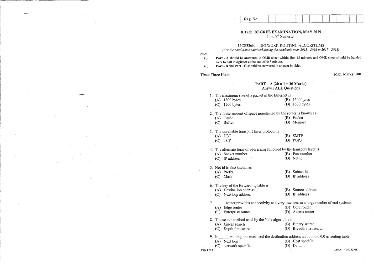 15CS336E - End Semester Exam Paper on Network Routing Algorithms - Studocu