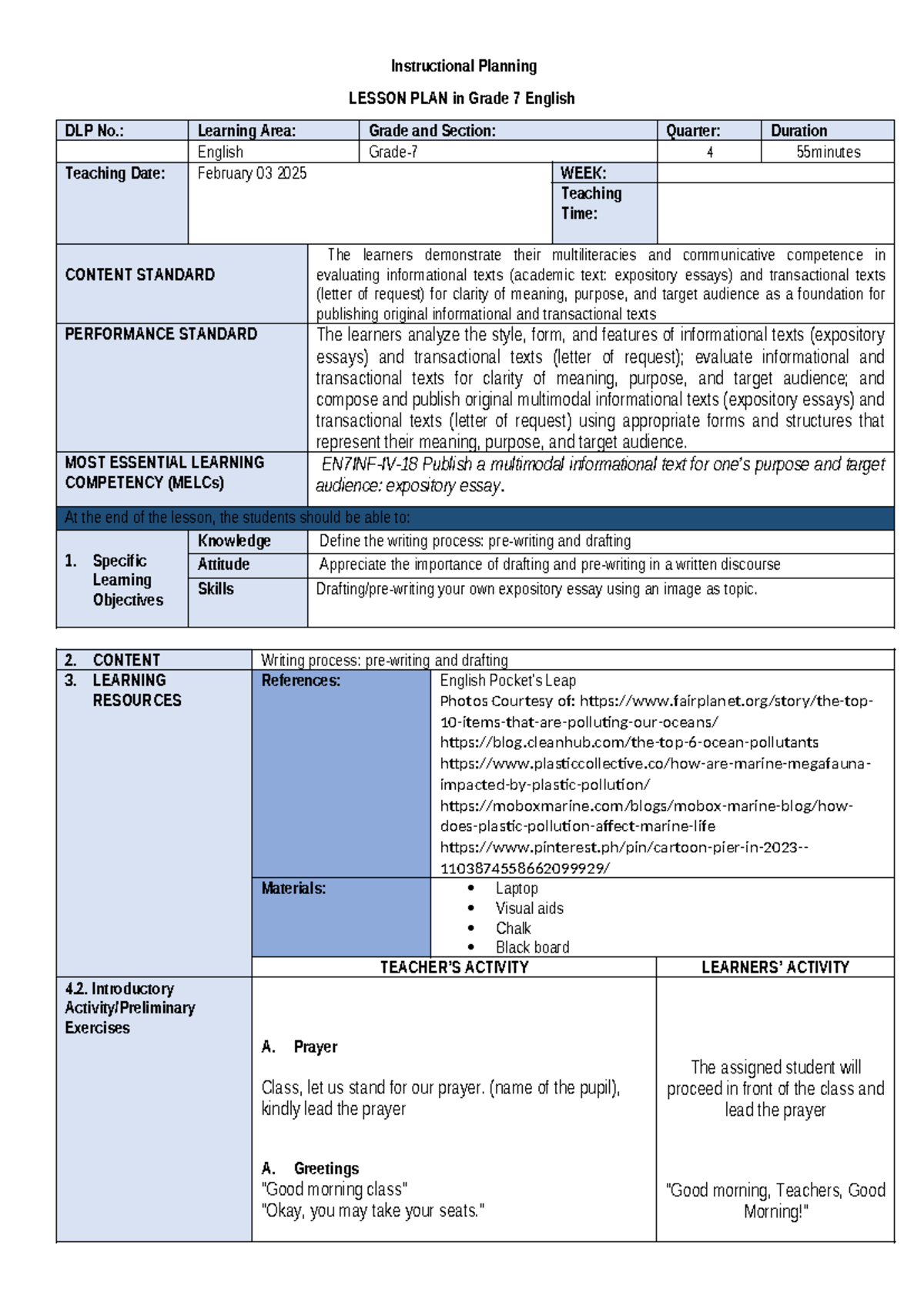 Grade 7 English Lesson Plan: Pre-Writing & Drafting (DLP No. 4) - Studocu