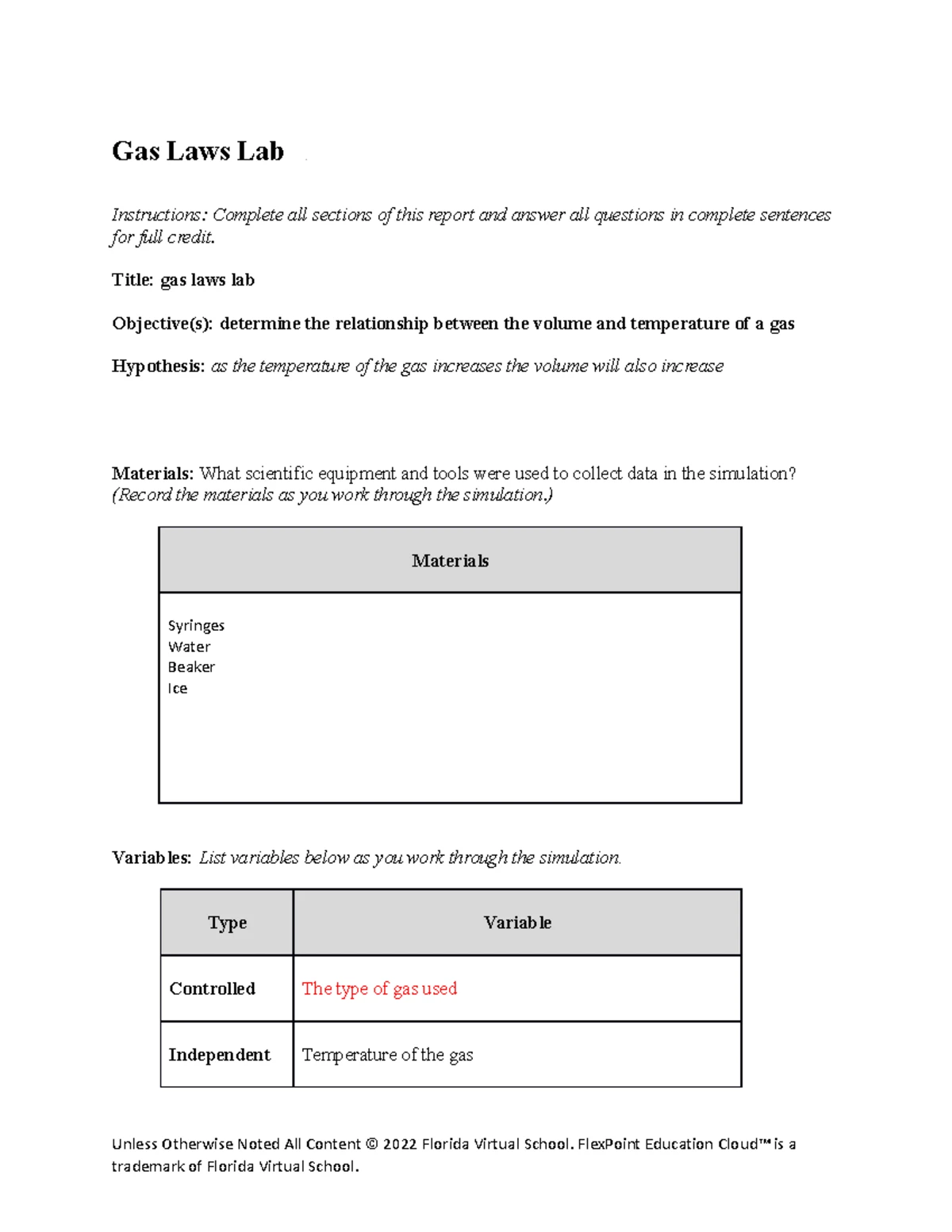 6.05 gas laws lab - Gas Laws Lab Instructions: Complete all sections of this report and answer ...