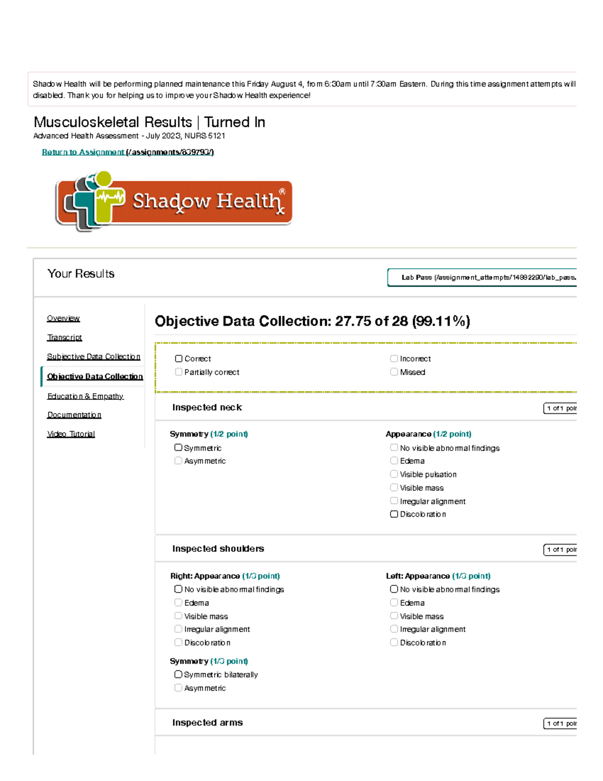 Musculoskeletal Objective Data Results - NURS 5121 Assessment - Studocu