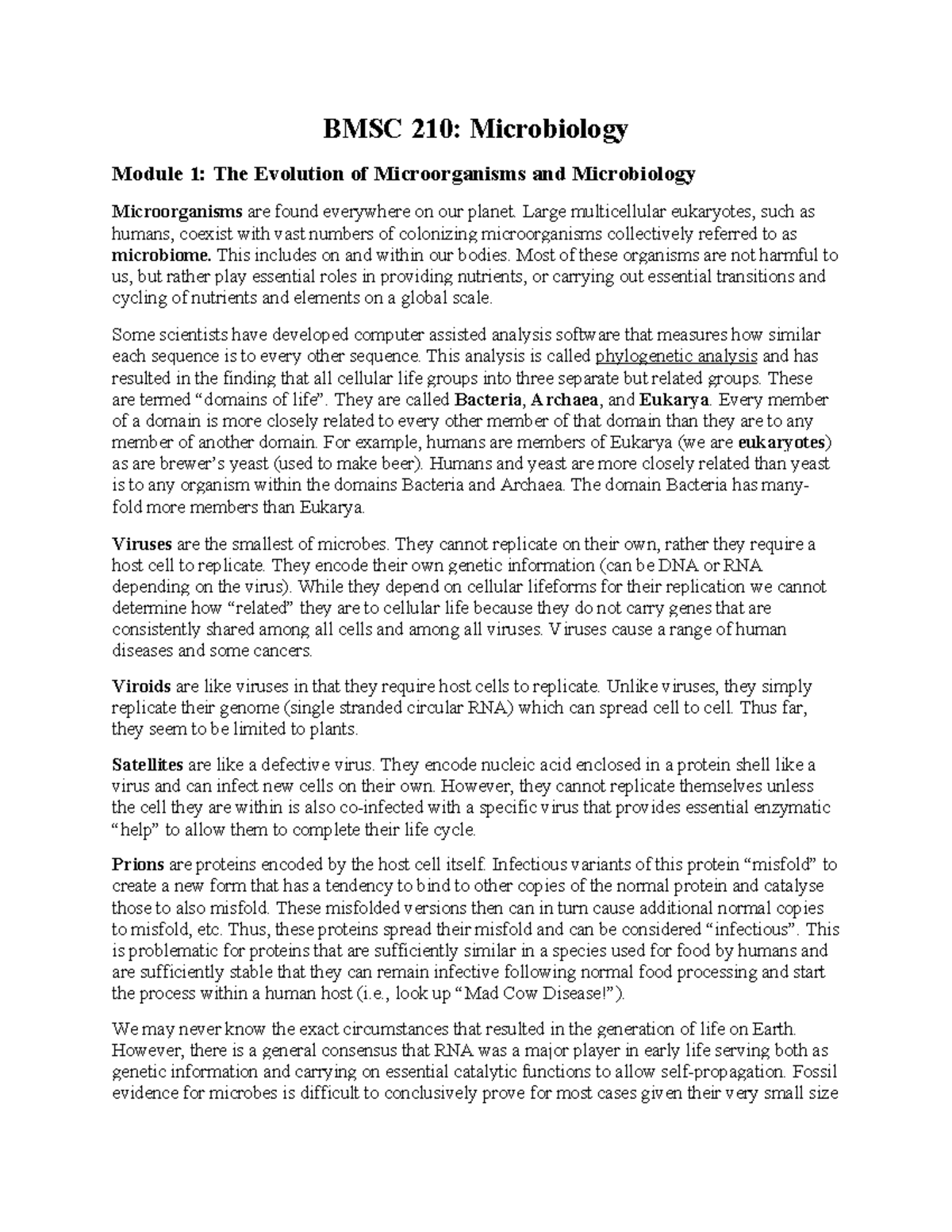 BMSC 210 - Module 1: Evolution of Microorganisms and Microbiology Notes ...