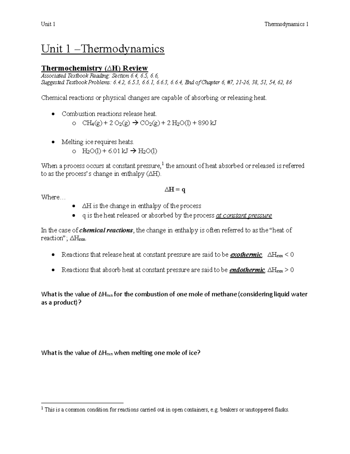 Unit 1 Thermodynamics: Thermochemistry Review & Key Concepts - Studocu