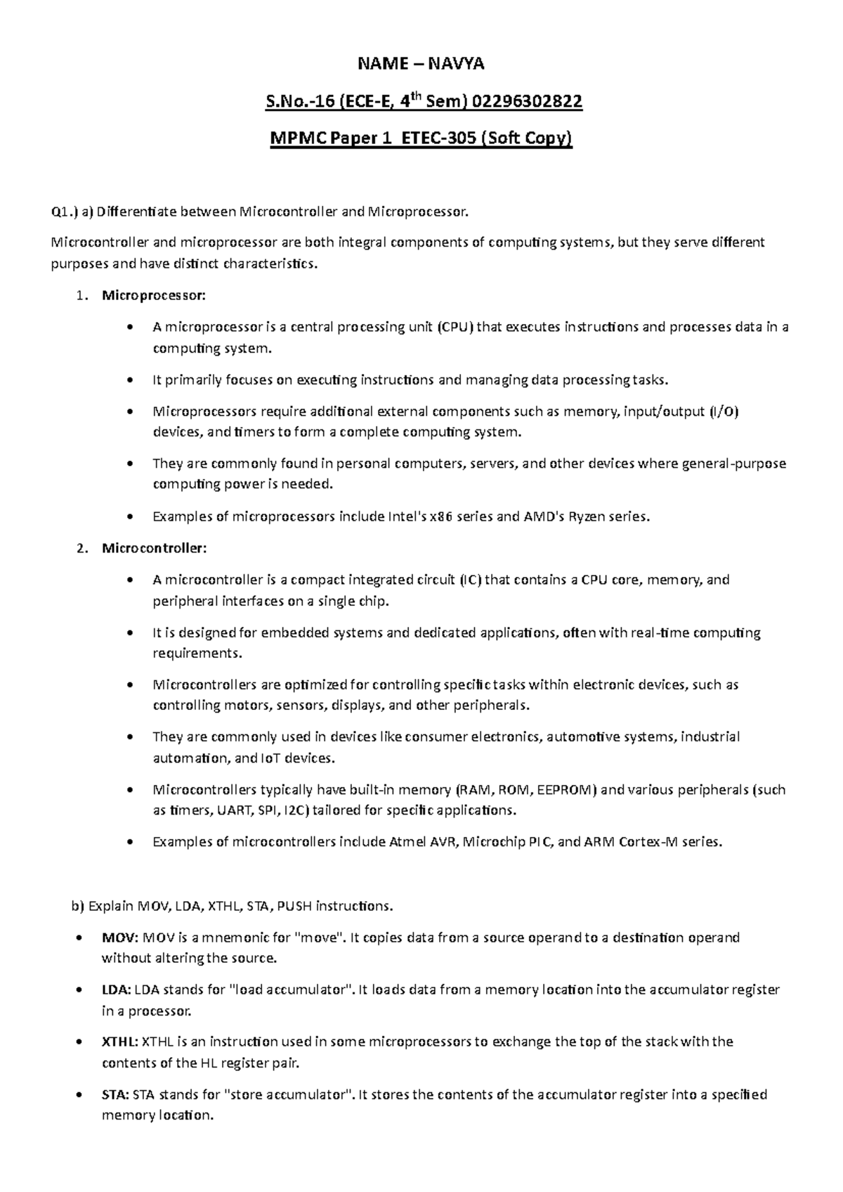 MPMC Paper 01 - Microcontroller vs. Microprocessor and Key Concepts - Studocu