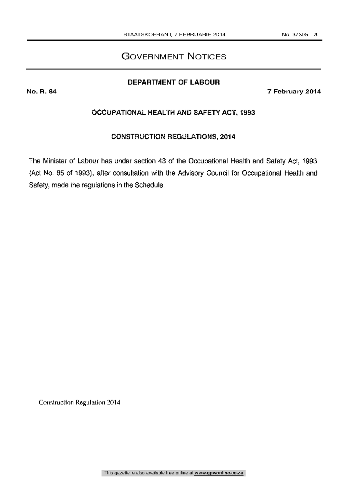Construction Regulations 2014: Occupational Health & Safety Guidelines ...