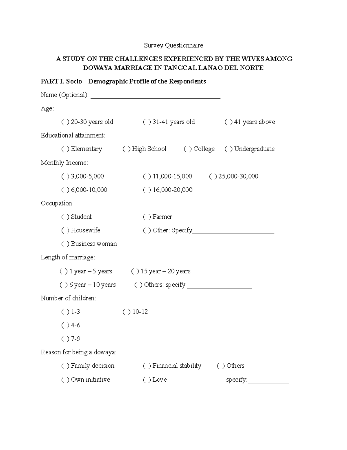 SQ newly revised - Sample survey questionnaire - Survey Questionnaire A ...