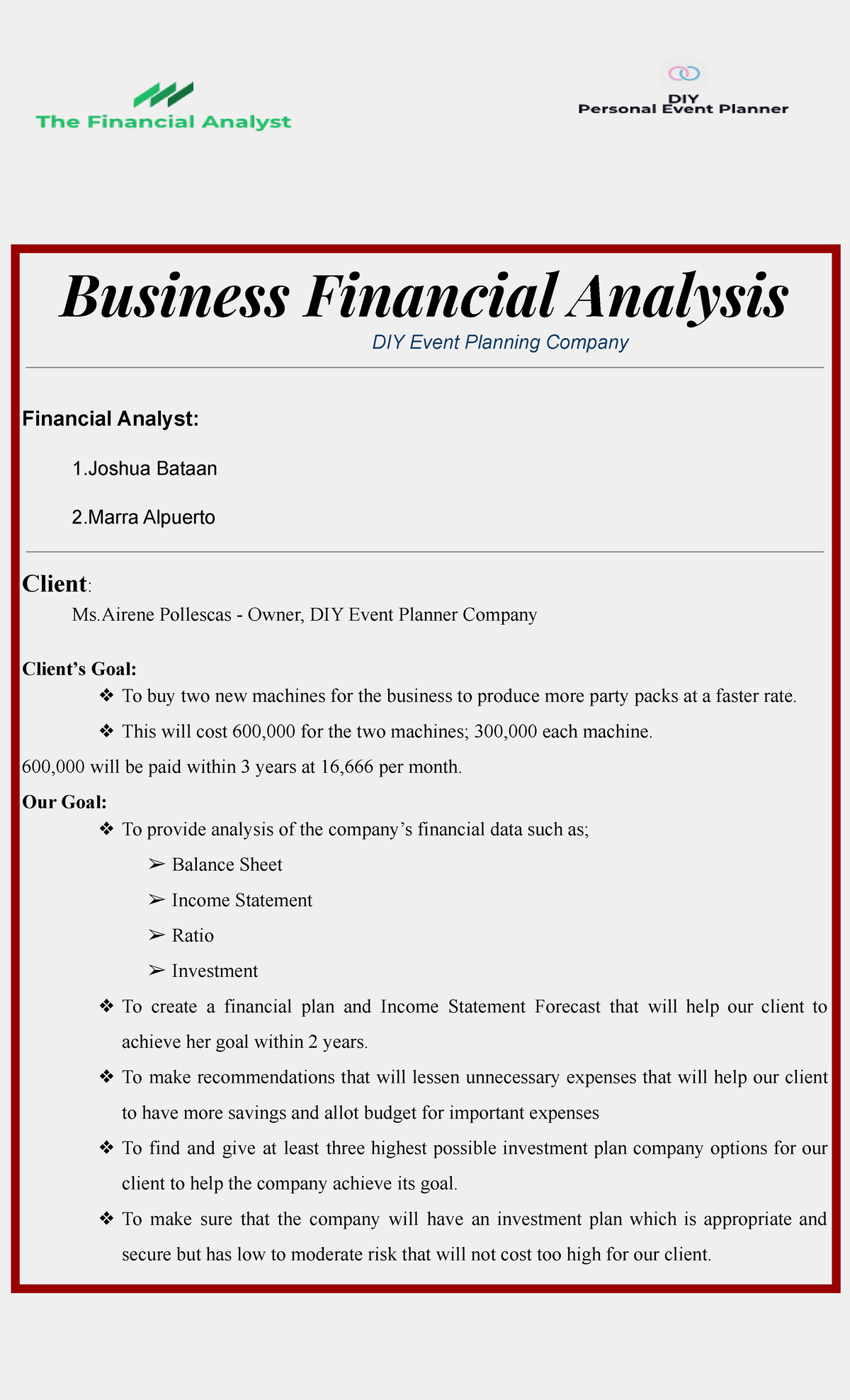 Event Planner Financial Plan - Business Financial Analysis DIY Event ...