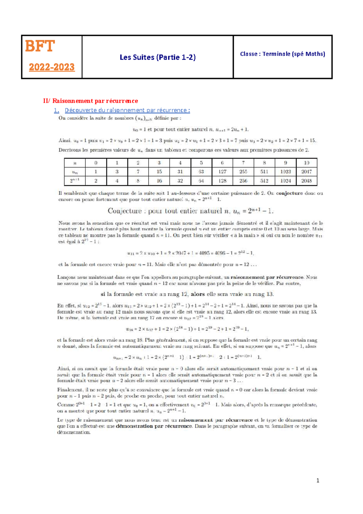 BFT Terminale Spé Maths - Raisonnement par Récurrence et Suites - Studocu
