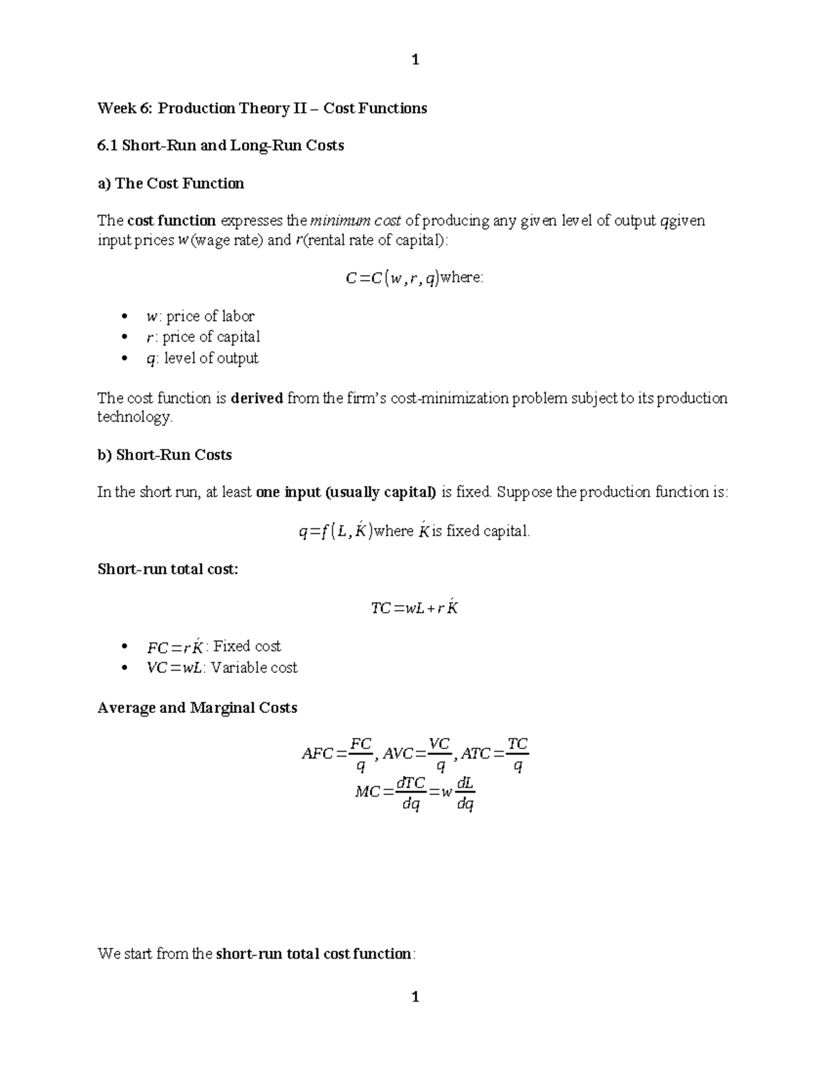 Lecture 6: Production Theory II - Cost Functions and Cost Minimization ...