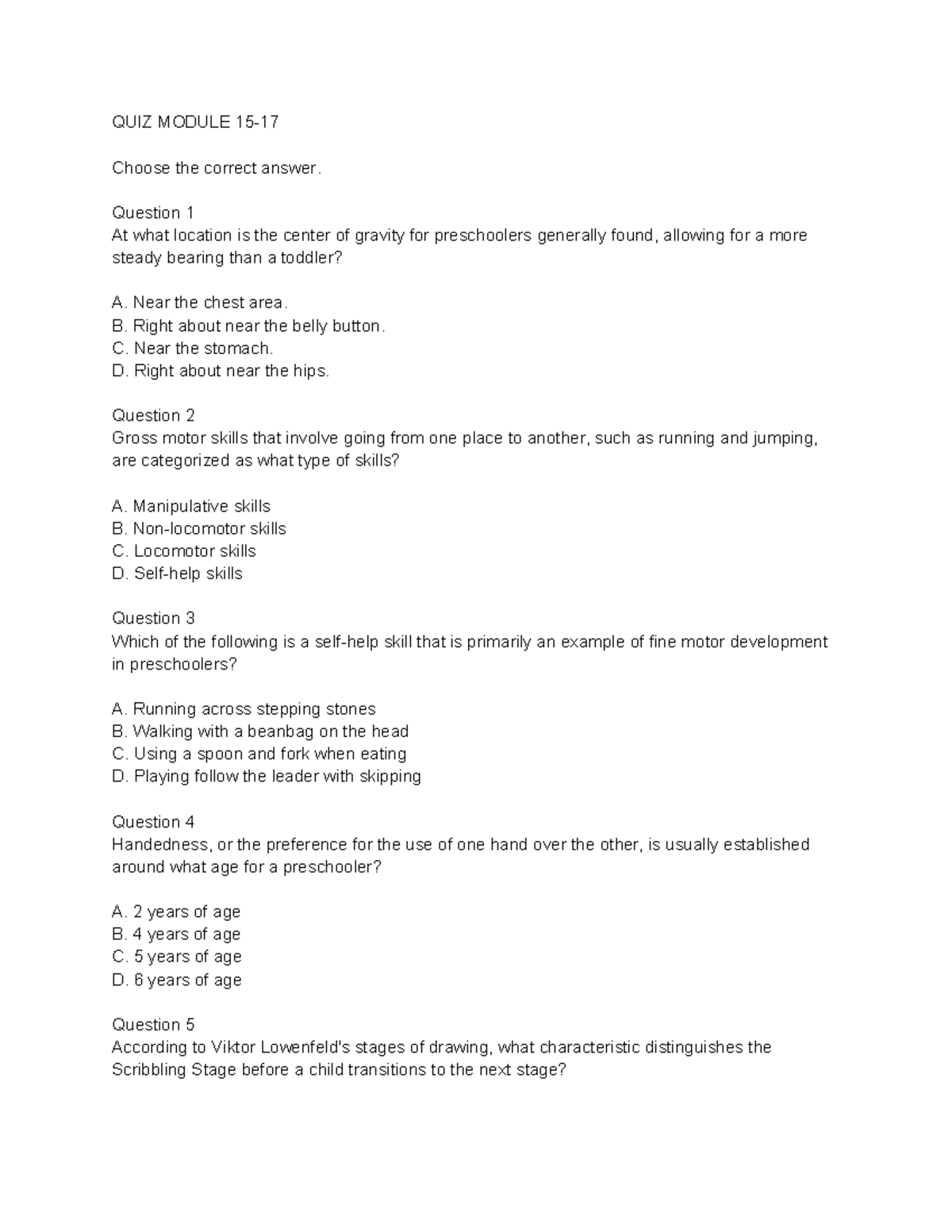 QUIZ Tcalp - Preschool Development and Motor Skills - Studocu
