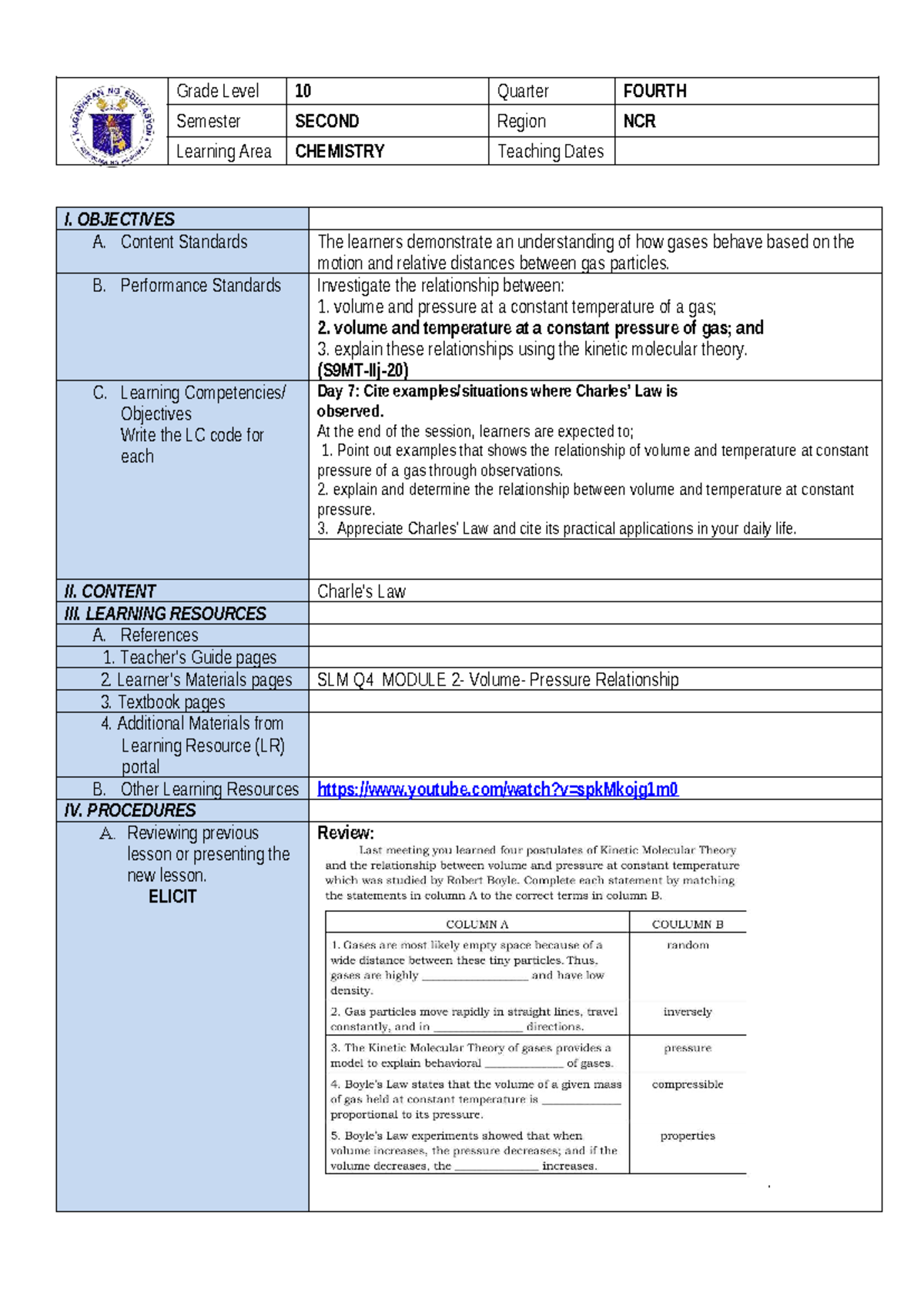 COT 2 - Charles Law: Grade 10 Chemistry Q4 Lesson Plan - Studocu