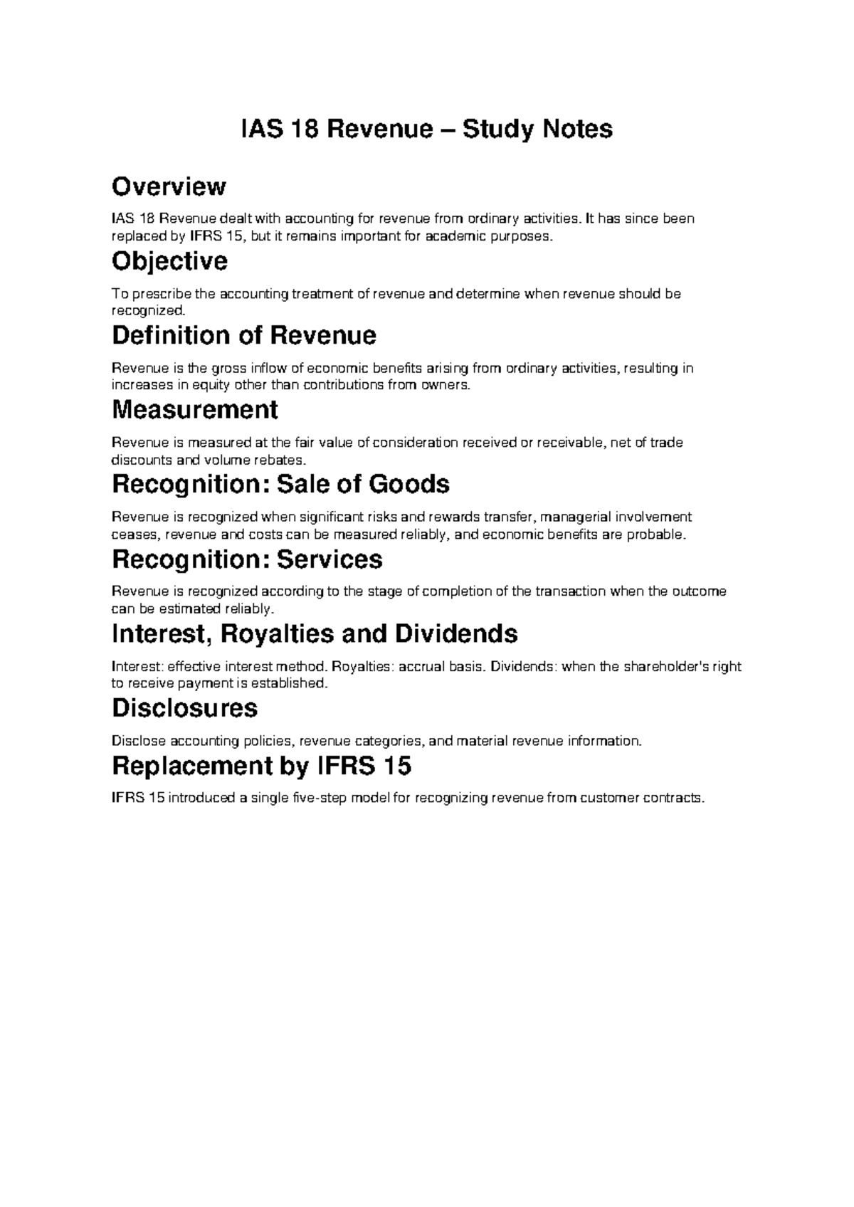 IAS 18 Revenue Study Notes Overview and Key Concepts - Studocu