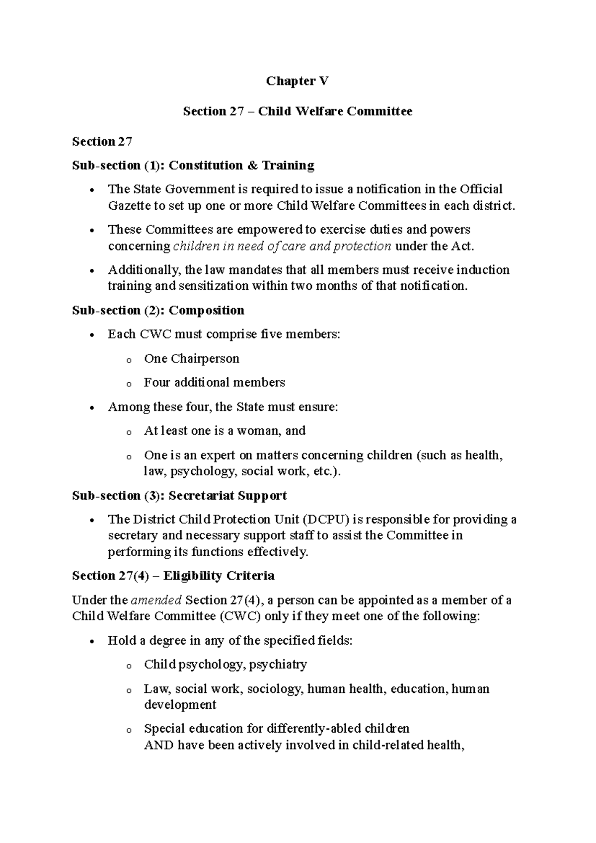 Child Welfare Committee: Sections 27-30 Overview and Functions - Studocu