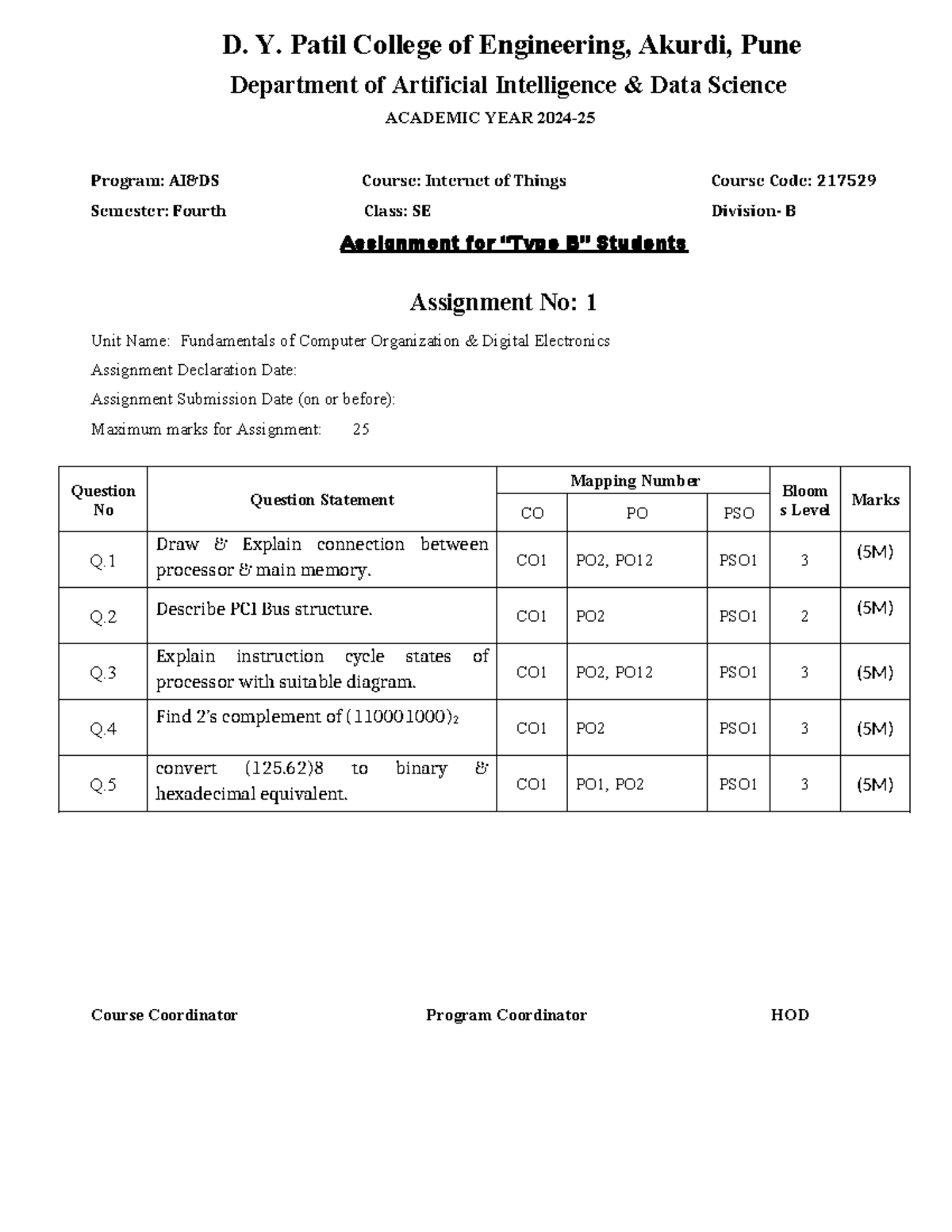 SE B 217529 Assignment 1: Fundamentals of Computer Organization - Studocu