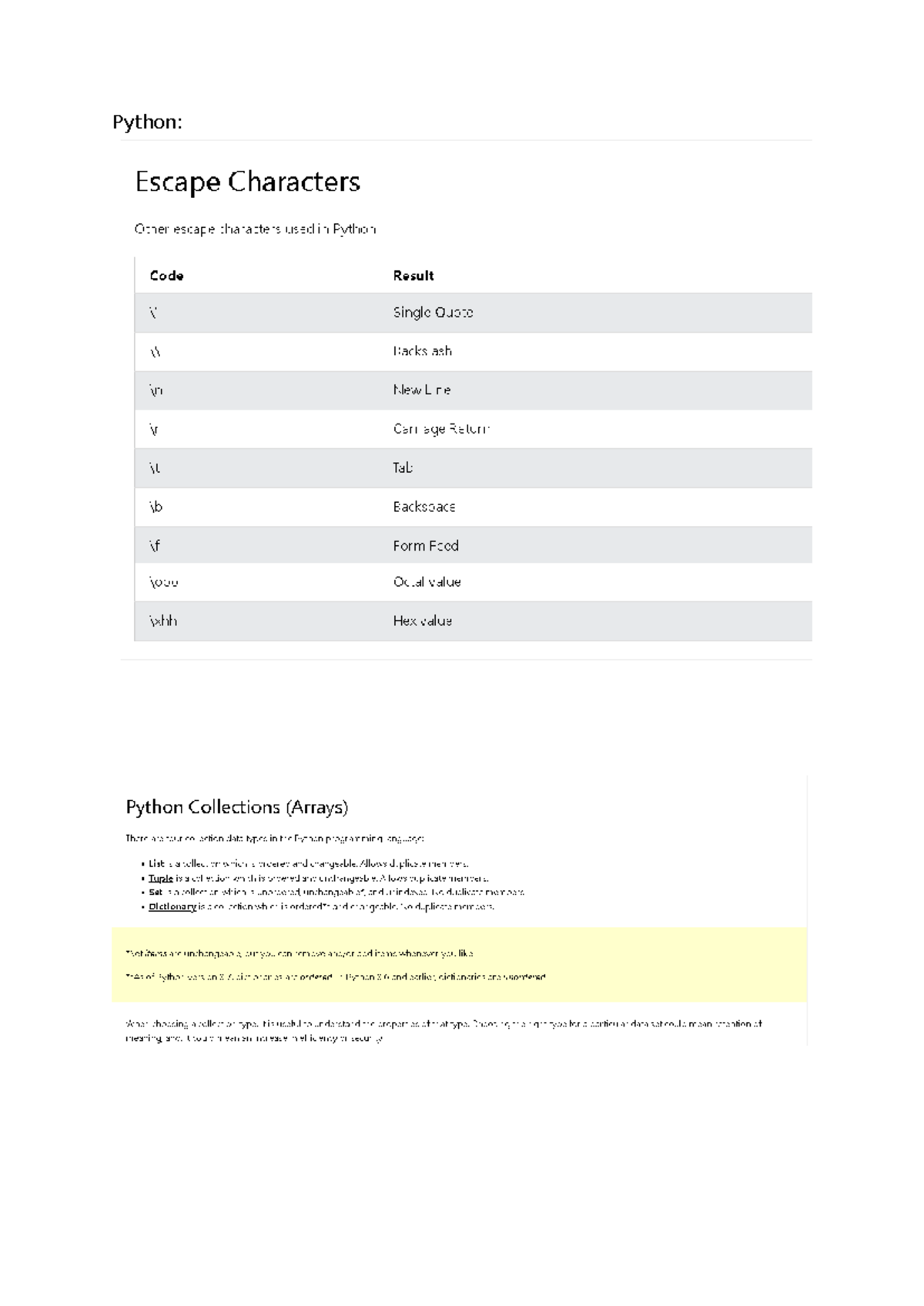 Python 3.7: Escape Characters and Collection Types Overview - Studocu