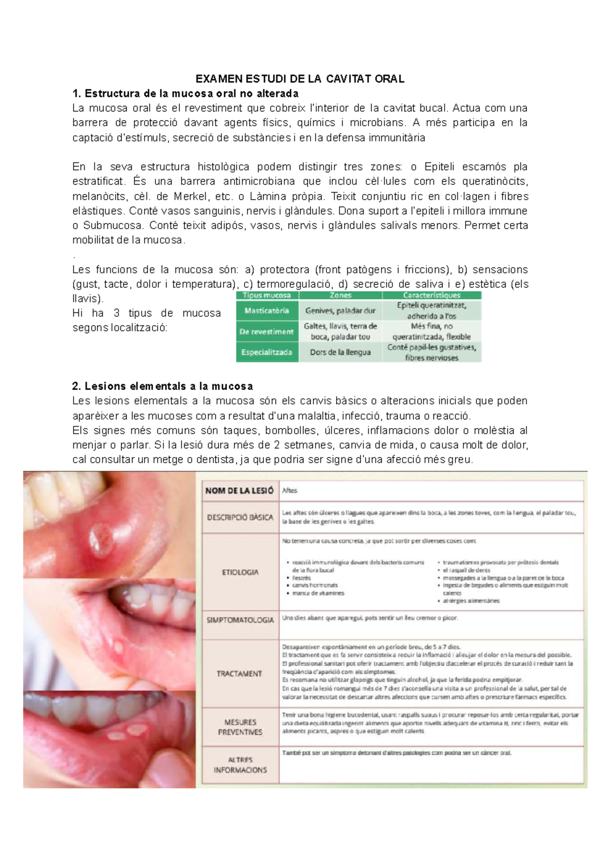 Examen Estudi de la Cavitat Oral: Estructura i Patologies Comunes - Studocu