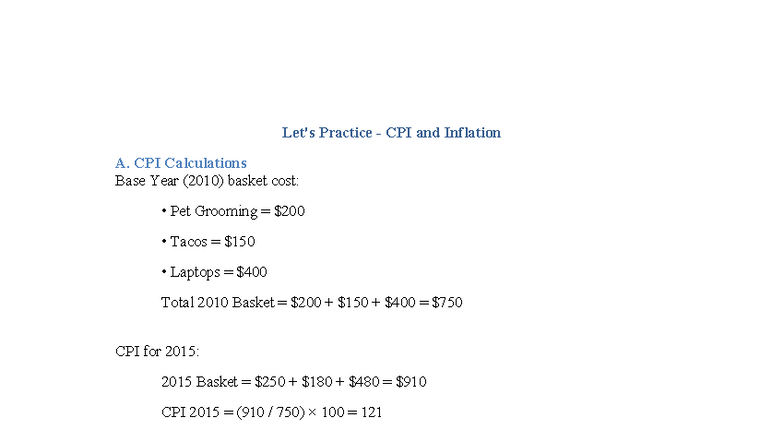 Lets Practice - Inflation - Let's Practice - CPI and Inflation A. CPI ...
