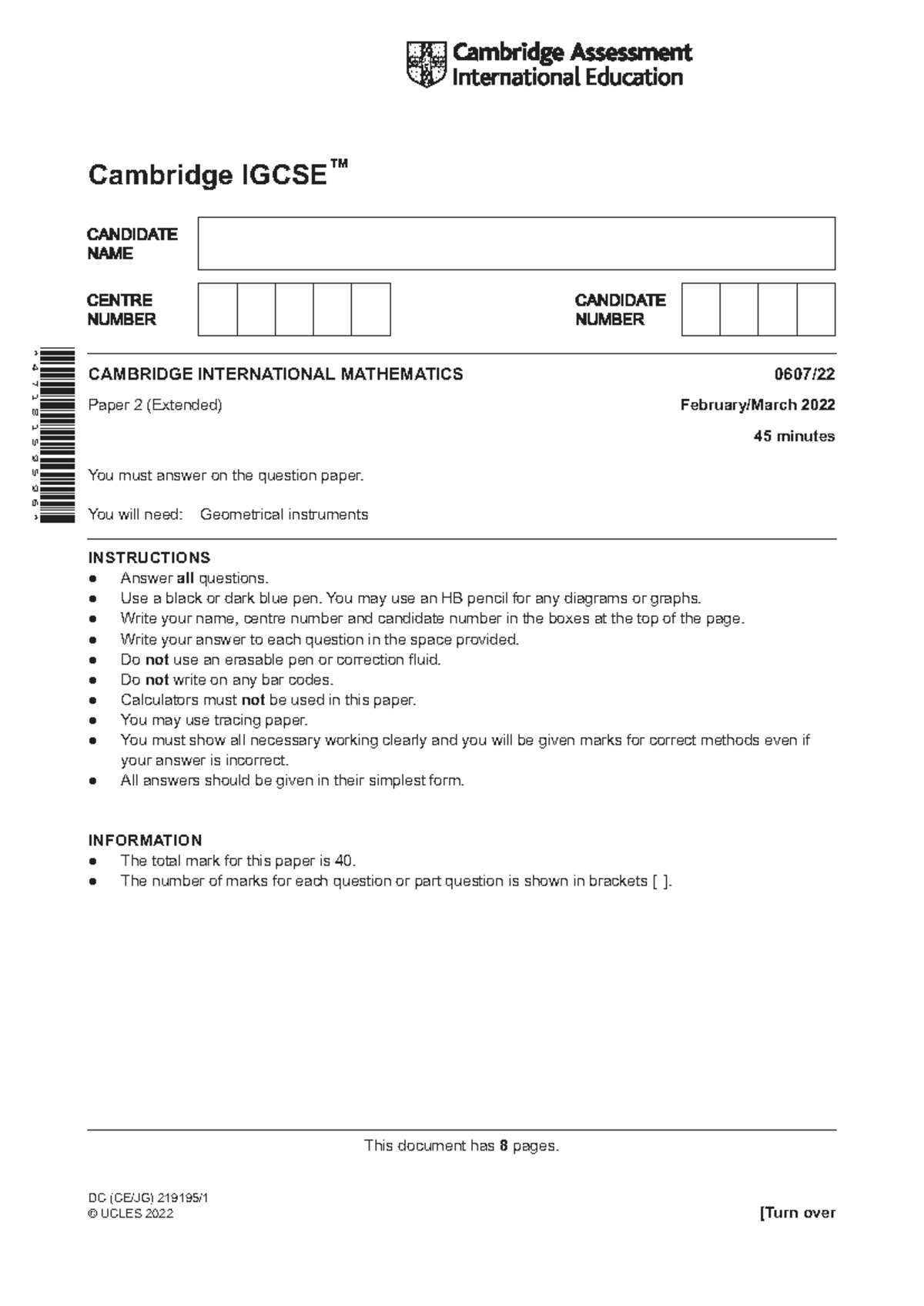 Cambridge 0607 M22 Paper 2 (Extended) IGCSE Math Past Exam - Studocu