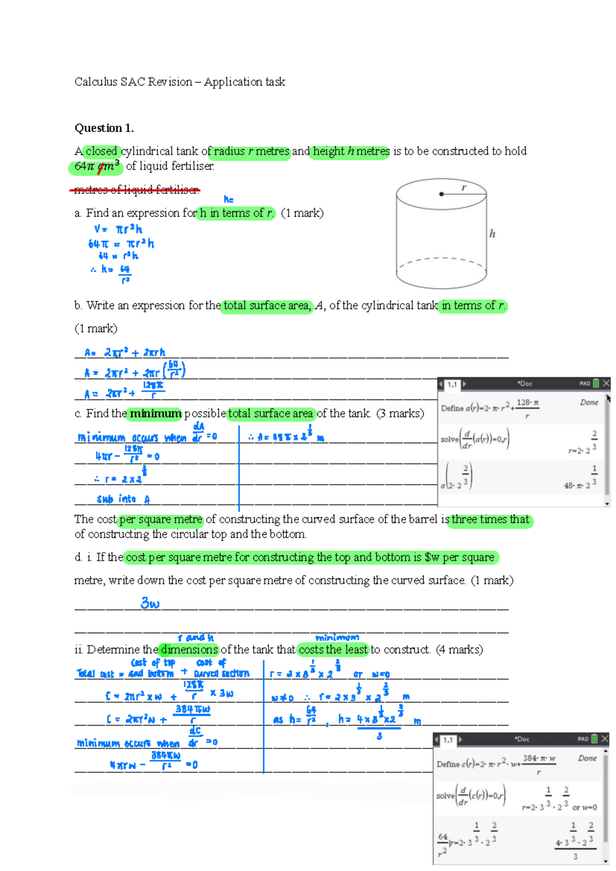 Calculus SAC Preparation - Worked Solutions for Tank Problems - Studocu
